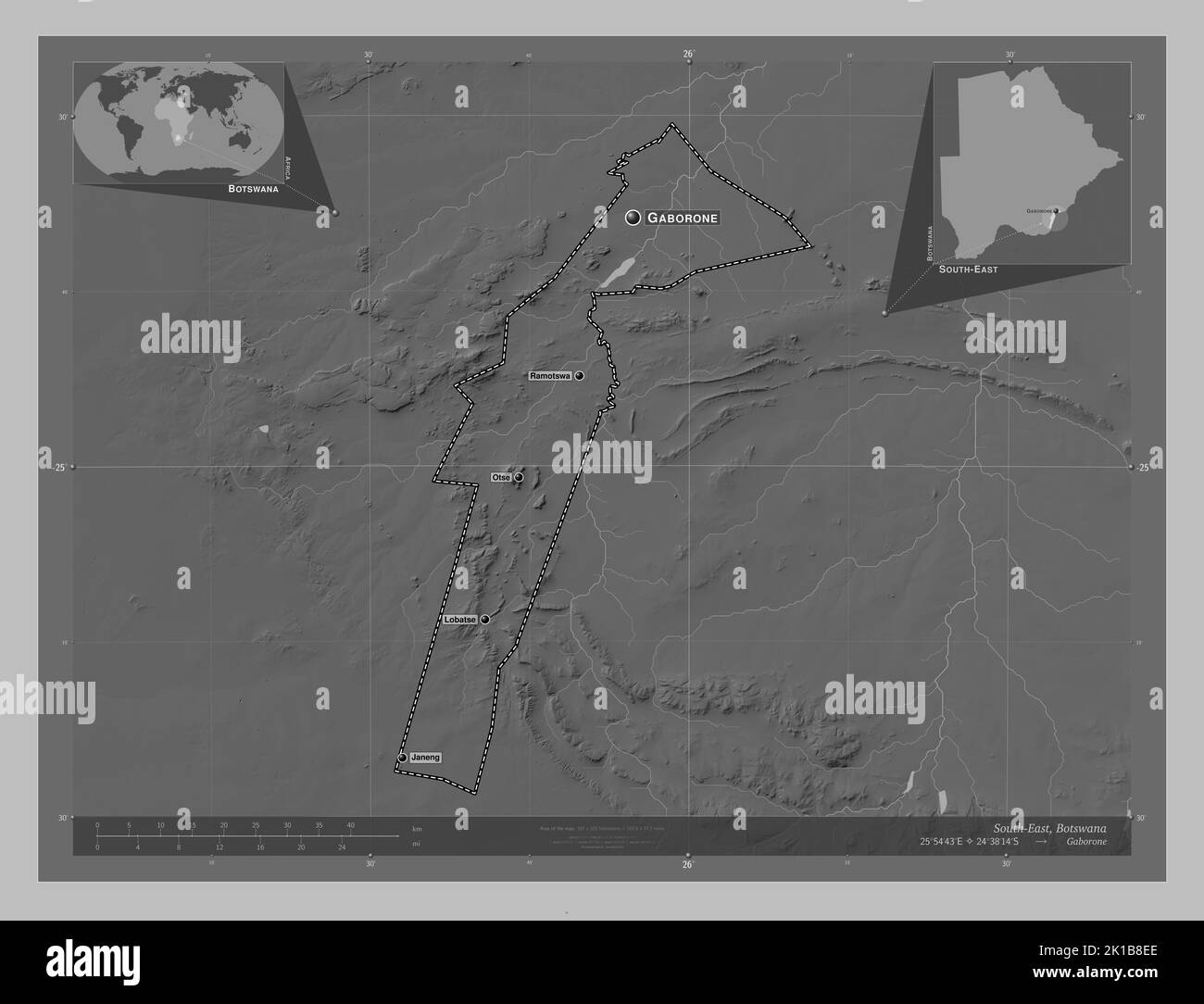 South-East, district of Botswana. Grayscale elevation map with lakes ...