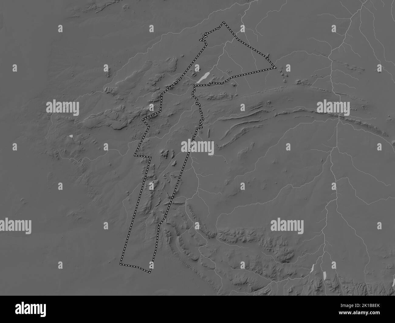 South-East, district of Botswana. Grayscale elevation map with lakes ...
