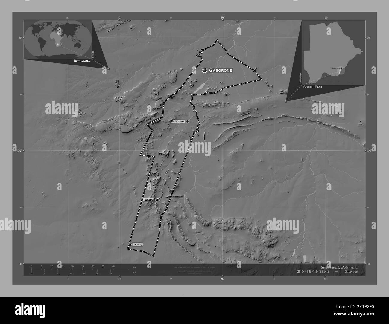 South-East, district of Botswana. Bilevel elevation map with lakes and ...