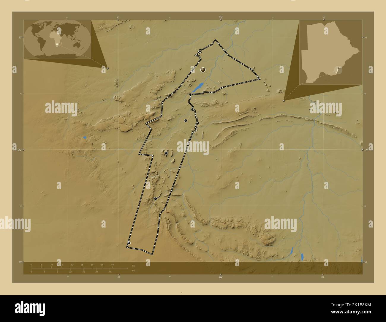 South-East, district of Botswana. Colored elevation map with lakes and ...