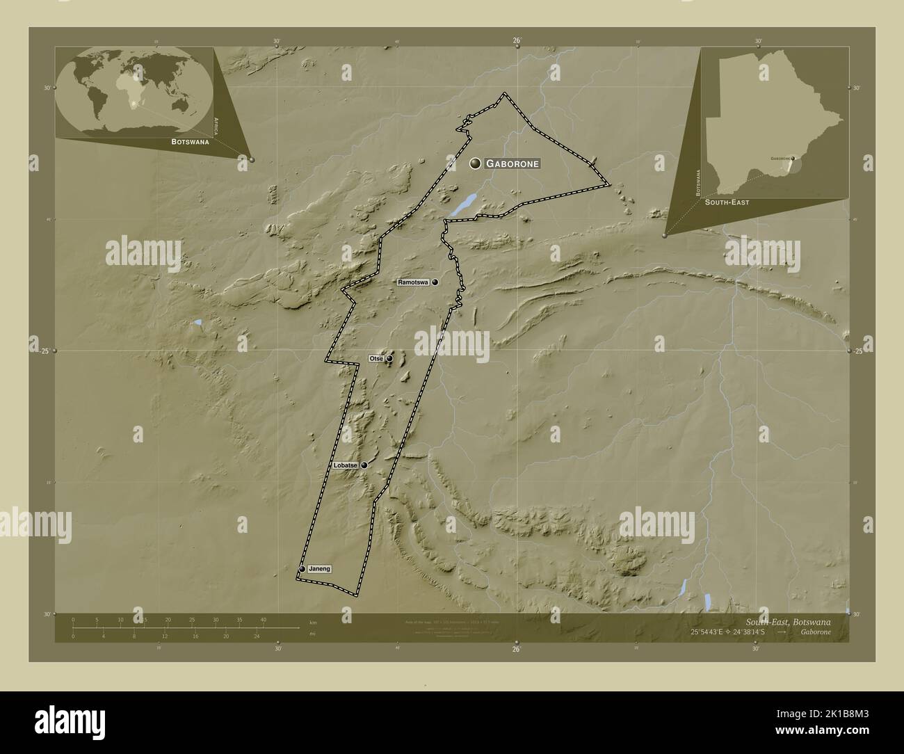 South-East, district of Botswana. Elevation map colored in wiki style ...