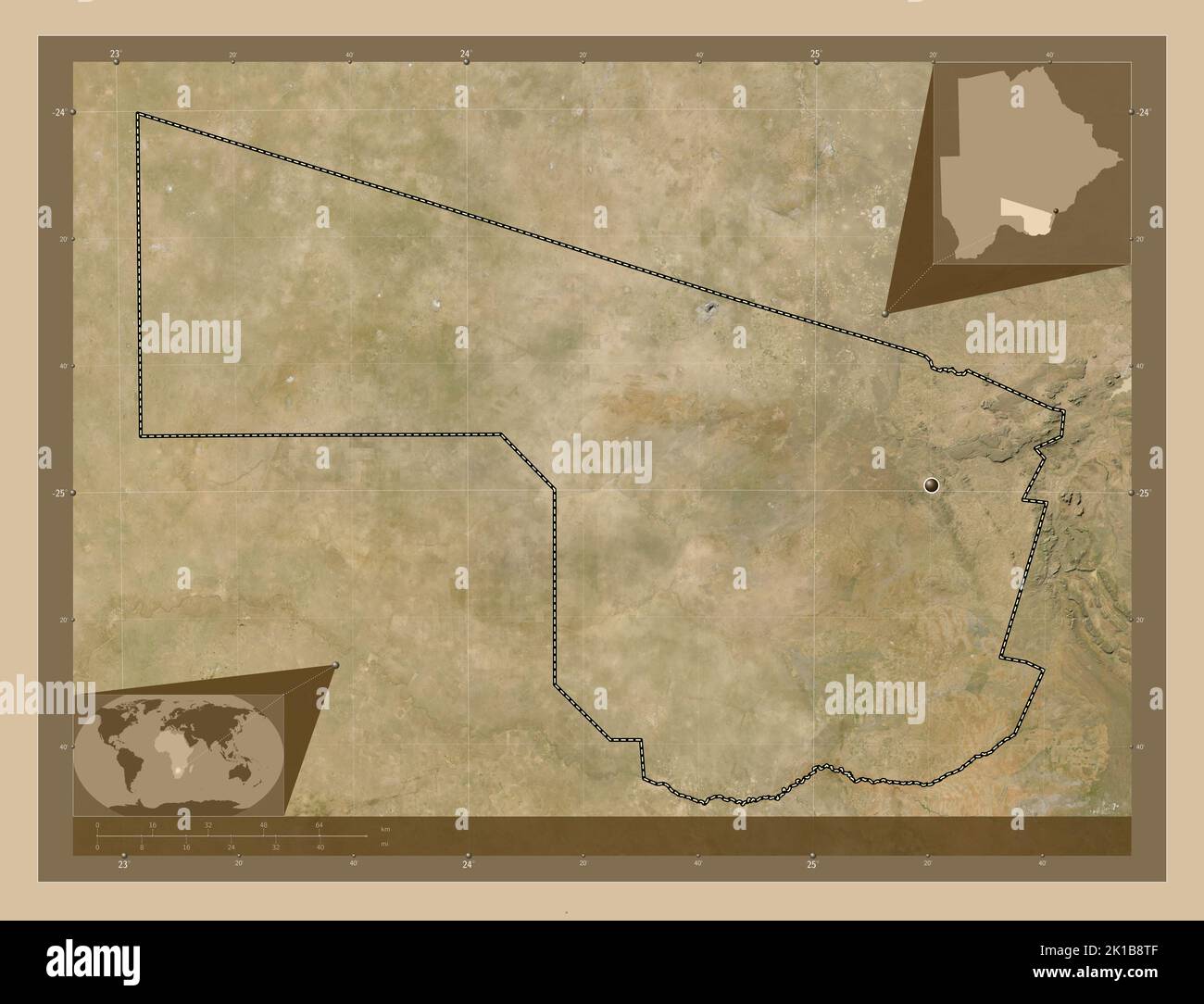 Southern, district of Botswana. Low resolution satellite map. Corner ...