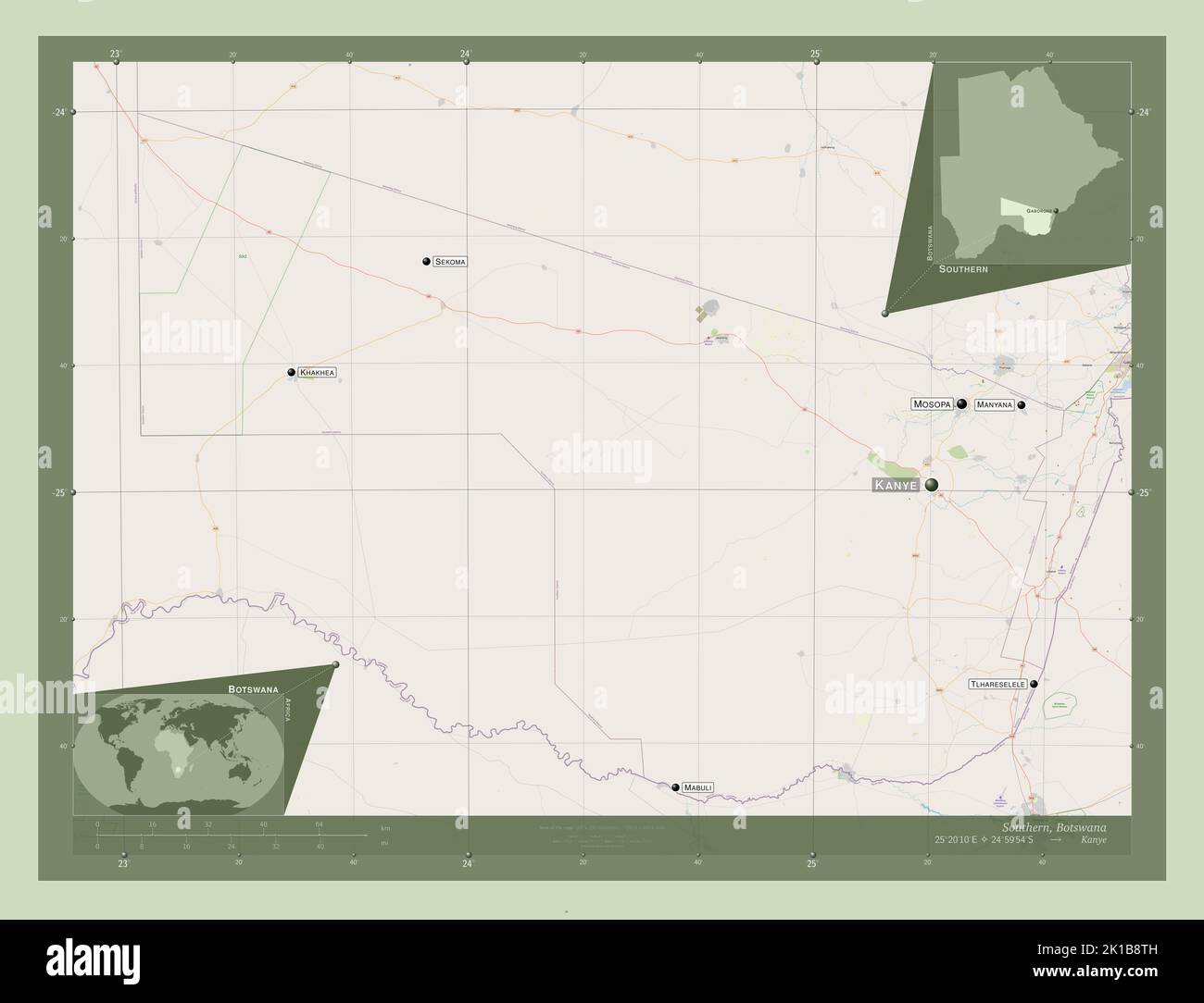 Southern, district of Botswana. Open Street Map. Locations and names of ...