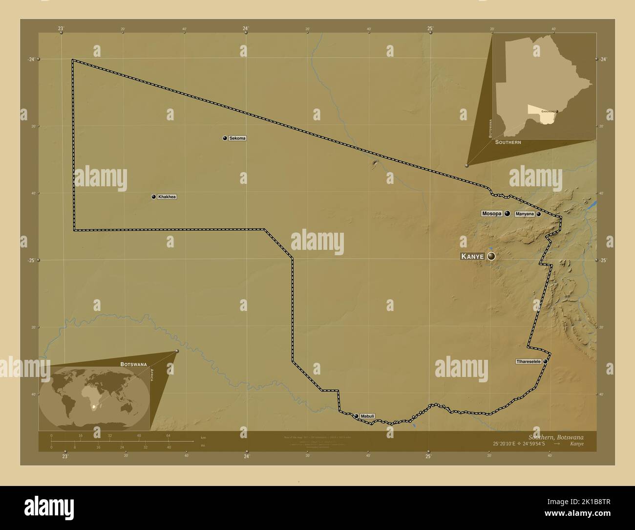 Southern, district of Botswana. Colored elevation map with lakes and ...