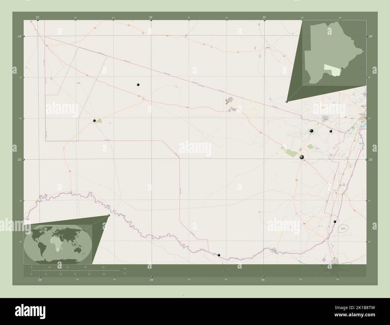 Southern, district of Botswana. Open Street Map. Locations of major ...