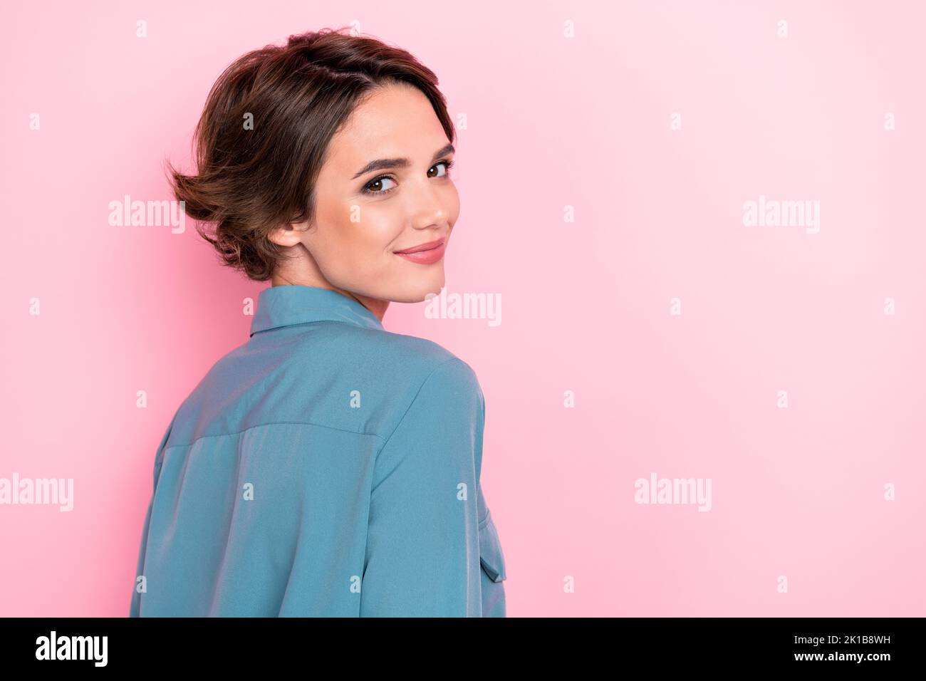 Photo portrait of charming young girl perfect skin turn behind shopping ...