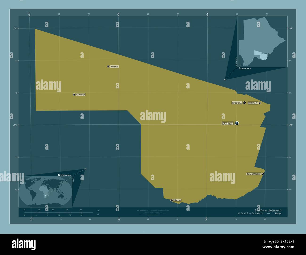 Southern, district of Botswana. Solid color shape. Locations and names ...