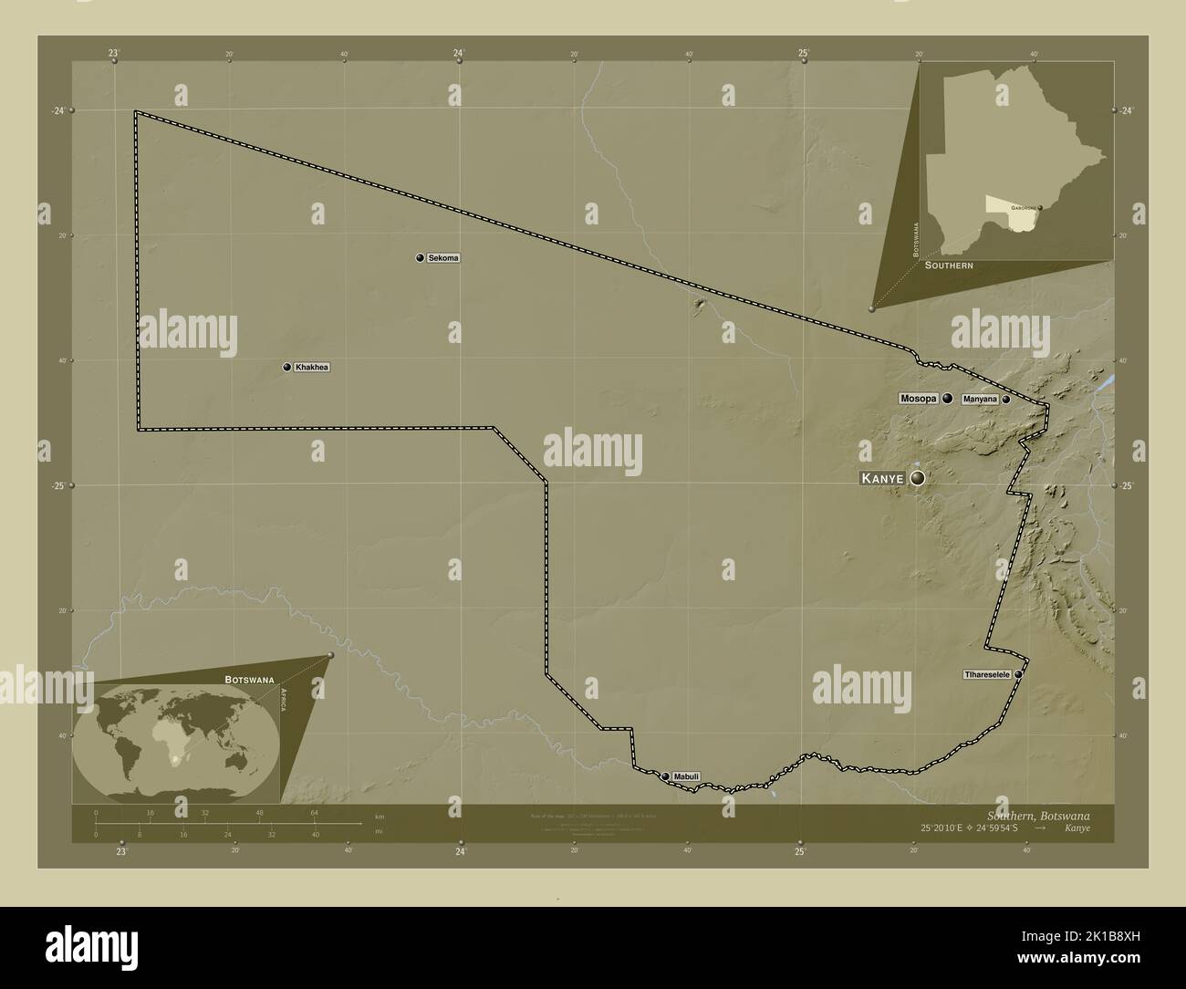 Southern, district of Botswana. Elevation map colored in wiki style ...