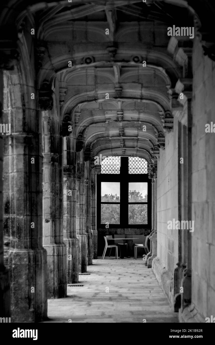 A vertical grayscale shot of a corridor outside the building Stock ...