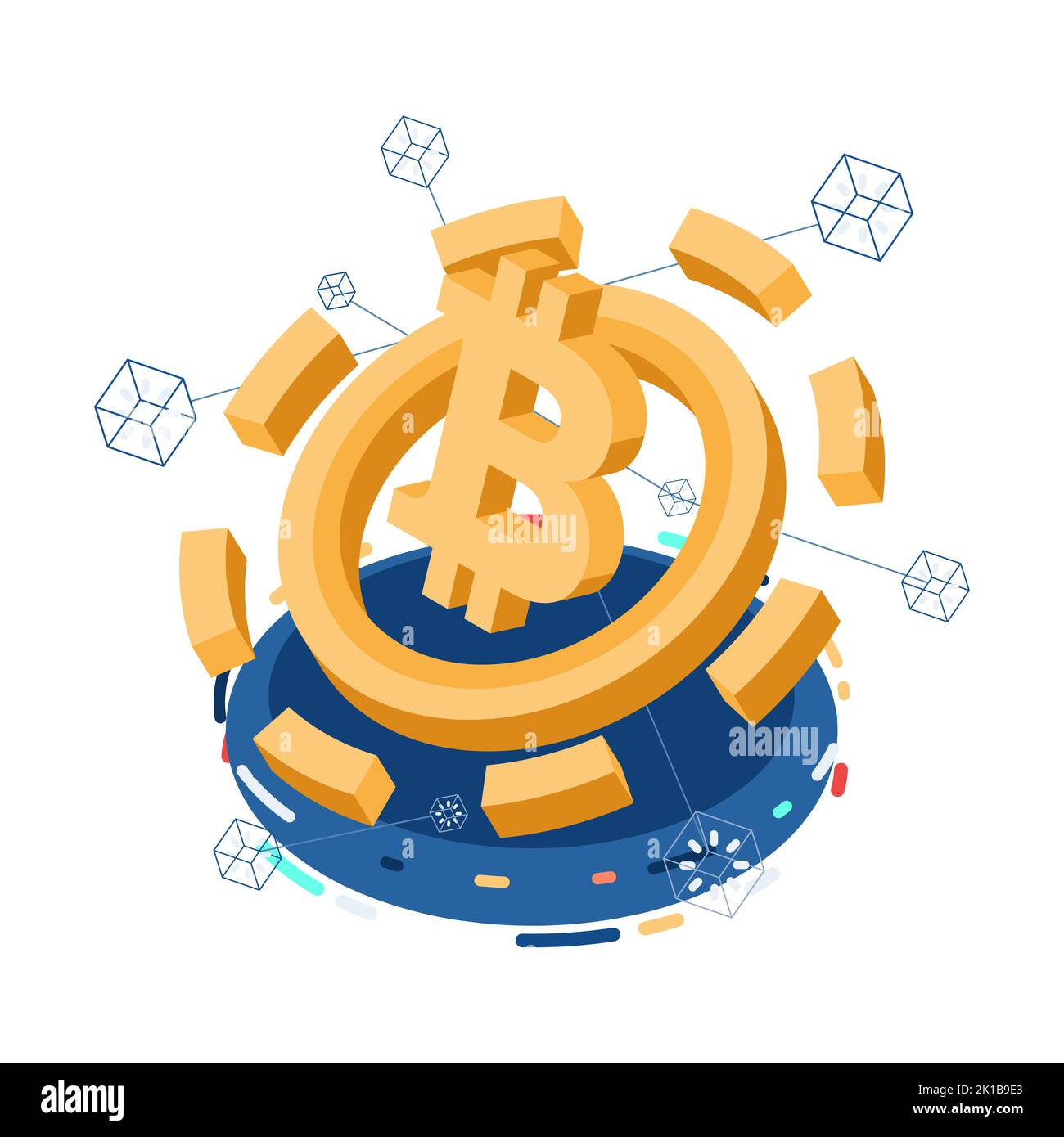 Flat 3d Isometric Money Coin Spreading Out from The Center with Bitcoin Symbol. Decentralized ...