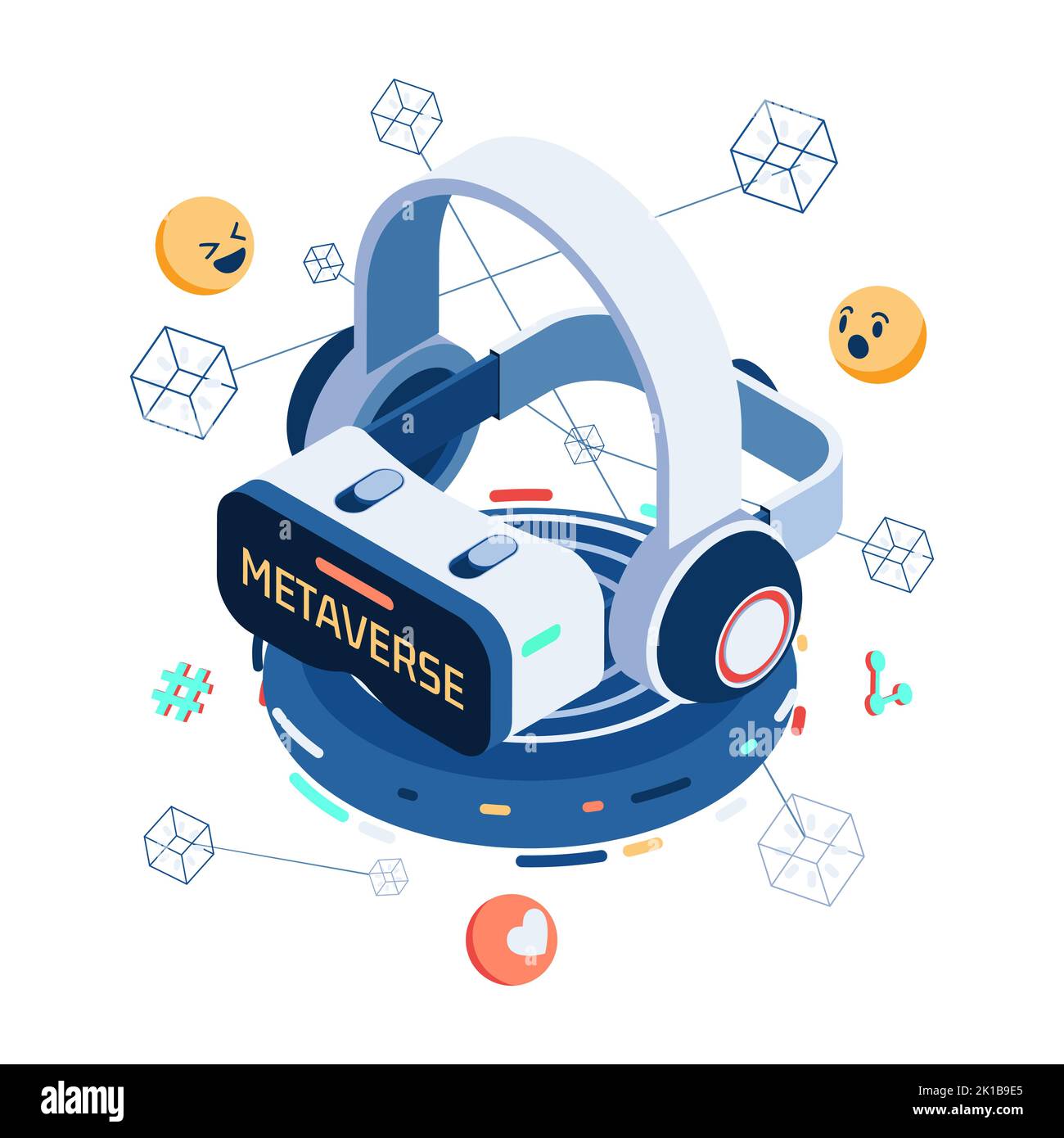 Flat 3d Isometric VR Virtual reality headset and Blockchain Network. Metaverse technology ...