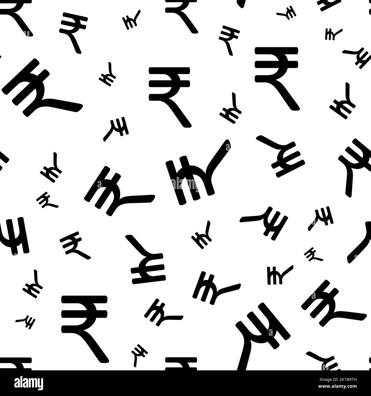 Indian rupee symbol vector pattern seamless background. Black white monochrome backdrop with ...
