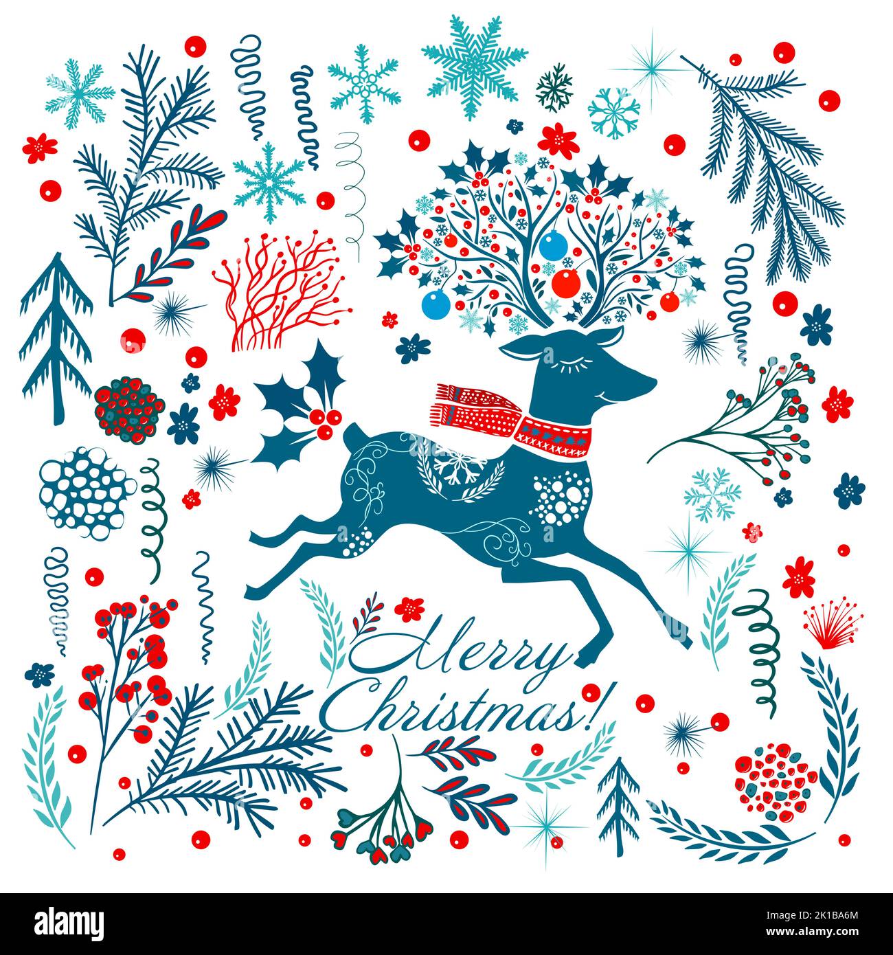 Merry Christmas postcard. Cute deer. Vector illustration. Greeting card ...