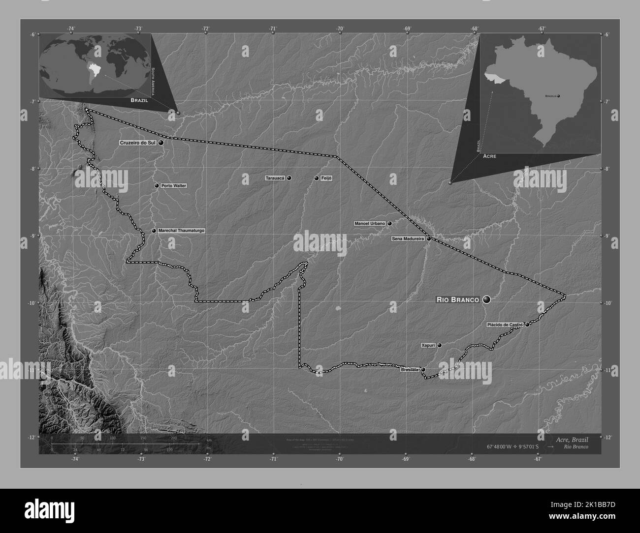 Acre, state of Brazil. Bilevel elevation map with lakes and rivers. Locations and names of major ...