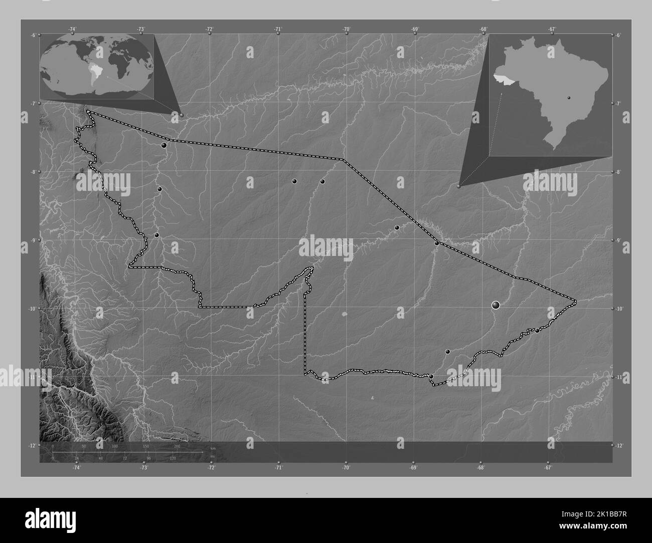 Acre, state of Brazil. Grayscale elevation map with lakes and rivers. Locations of major cities ...