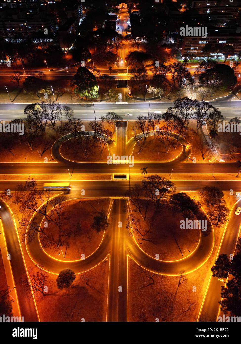 An aerial of a highway intersection in the city of Brasilia during ...