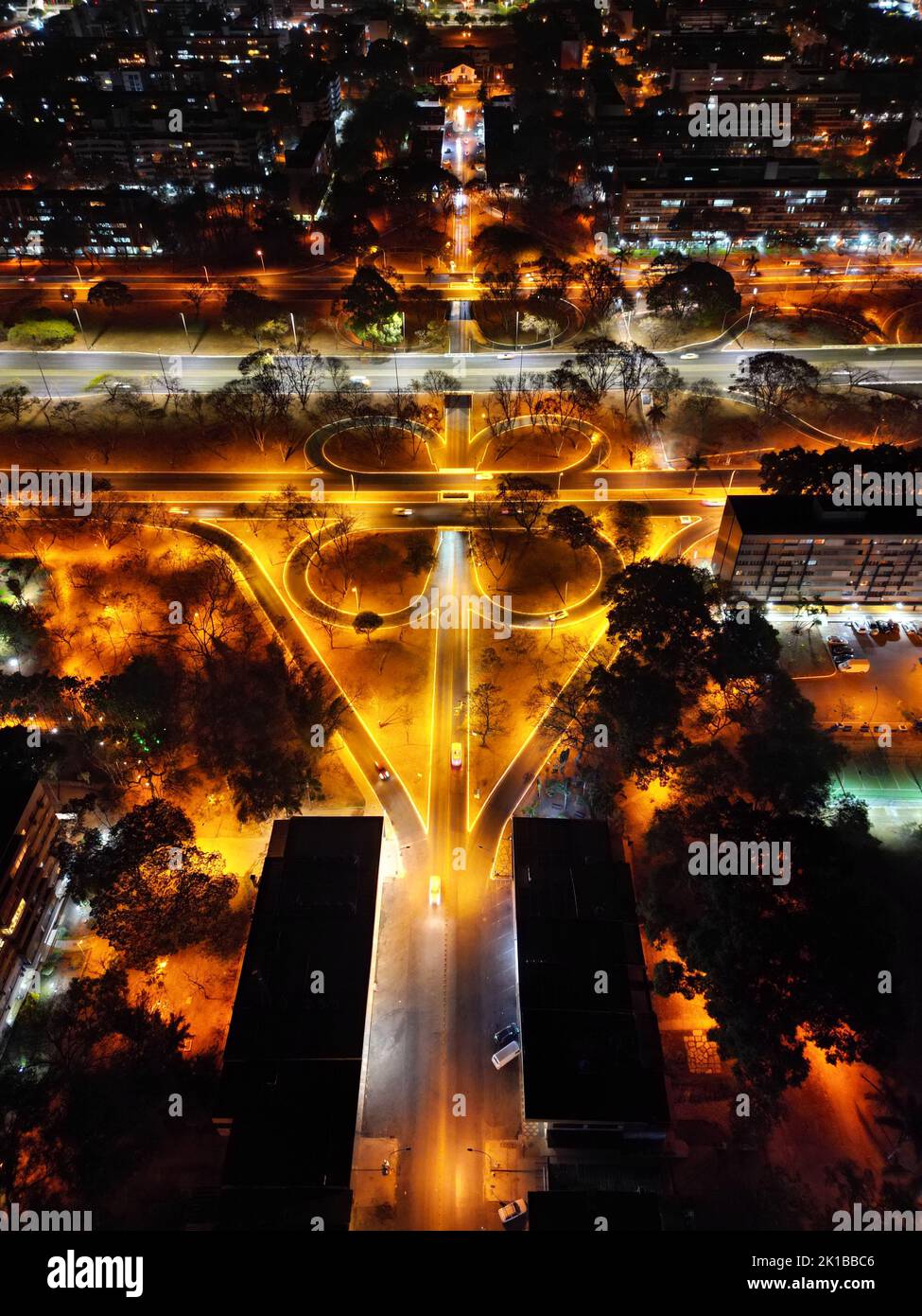An aerial of a highway intersection in the city of Brasilia during ...