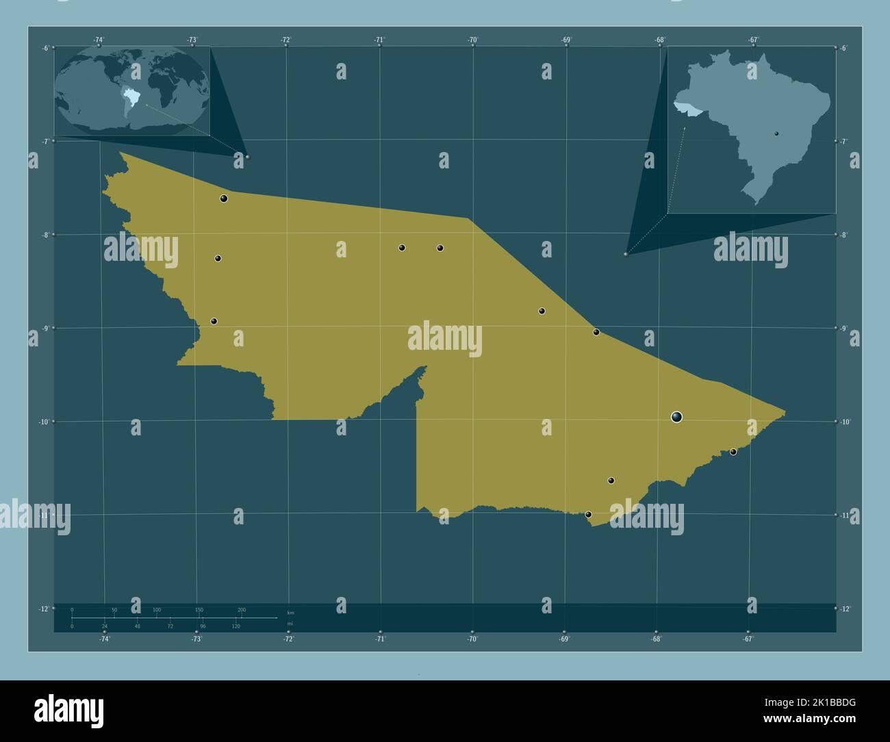 Acre, state of Brazil. Solid color shape. Locations of major cities of ...