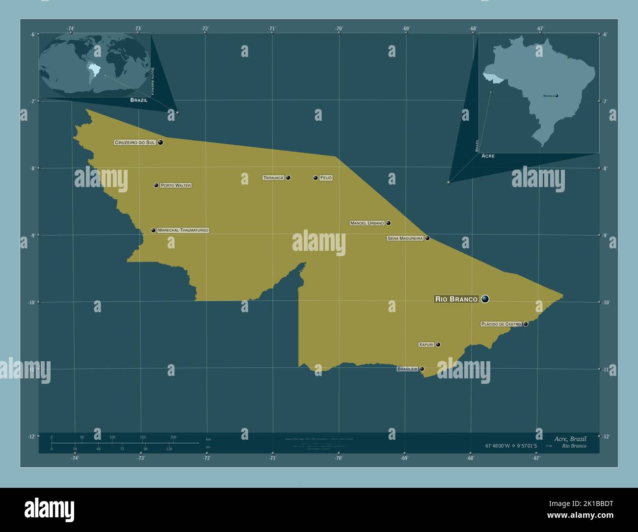 Acre, state of Brazil. Solid color shape. Locations and names of major ...
