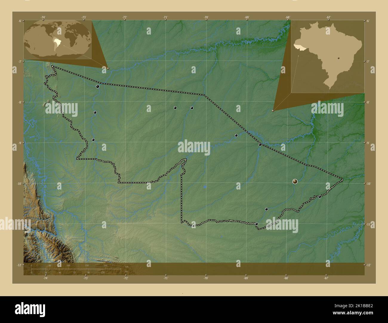 Acre, state of Brazil. Colored elevation map with lakes and rivers. Locations of major cities of ...