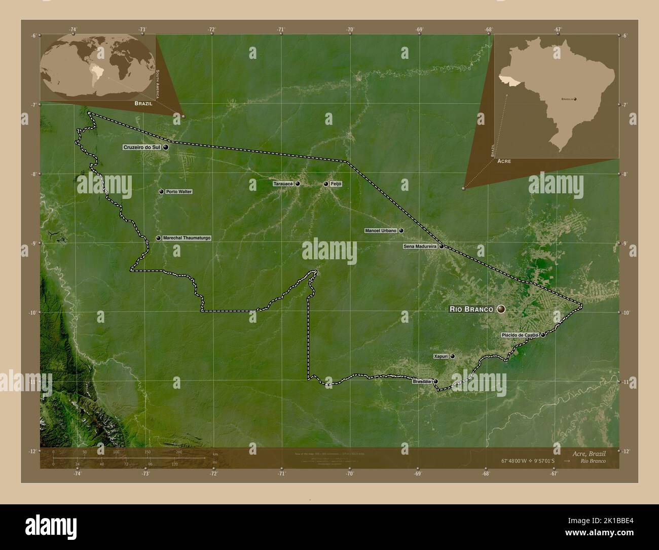 Acre, state of Brazil. Low resolution satellite map. Locations and ...
