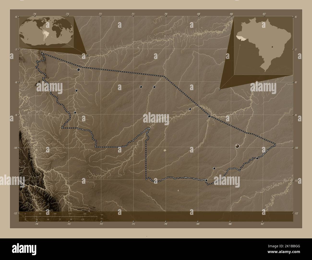 Acre, state of Brazil. Elevation map colored in sepia tones with lakes ...