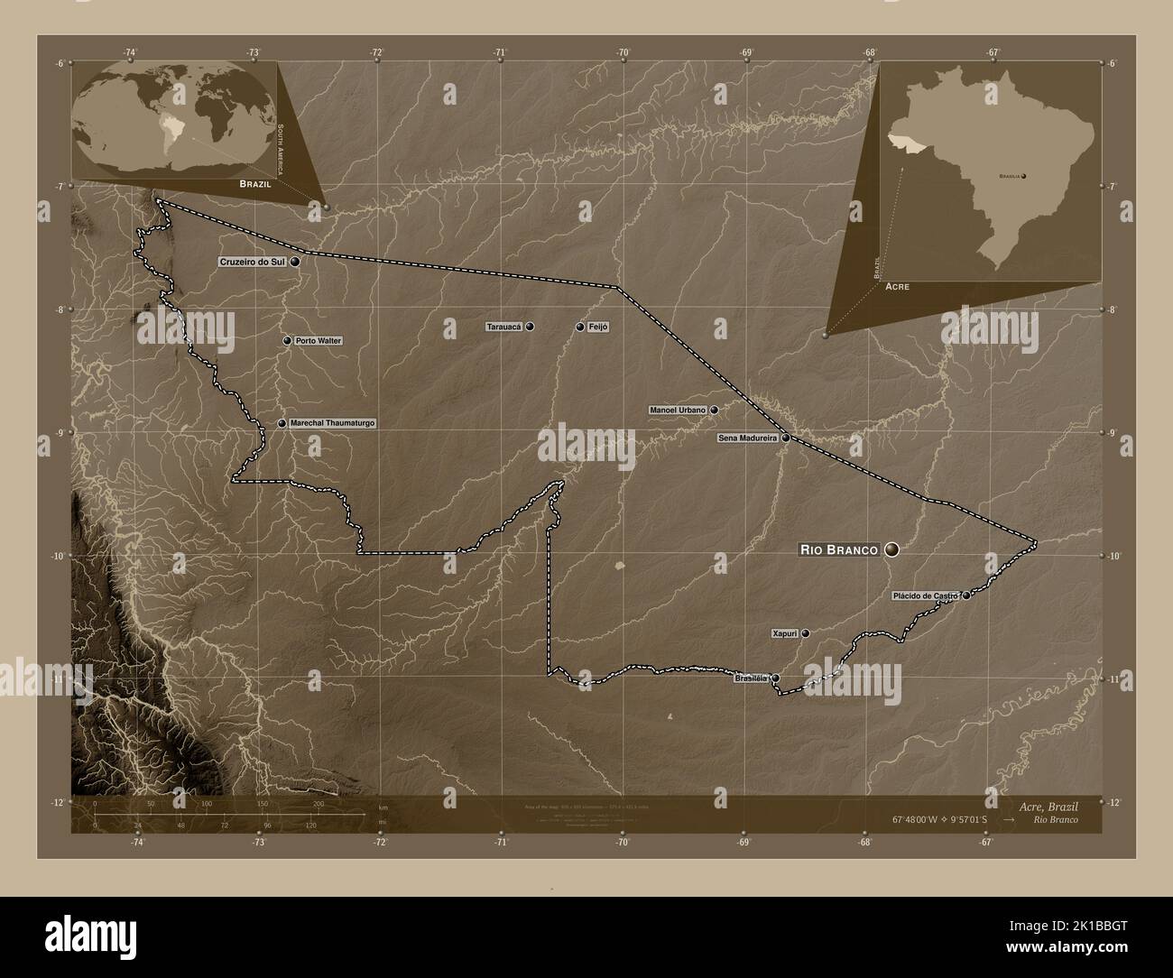 Acre, state of Brazil. Elevation map colored in sepia tones with lakes ...