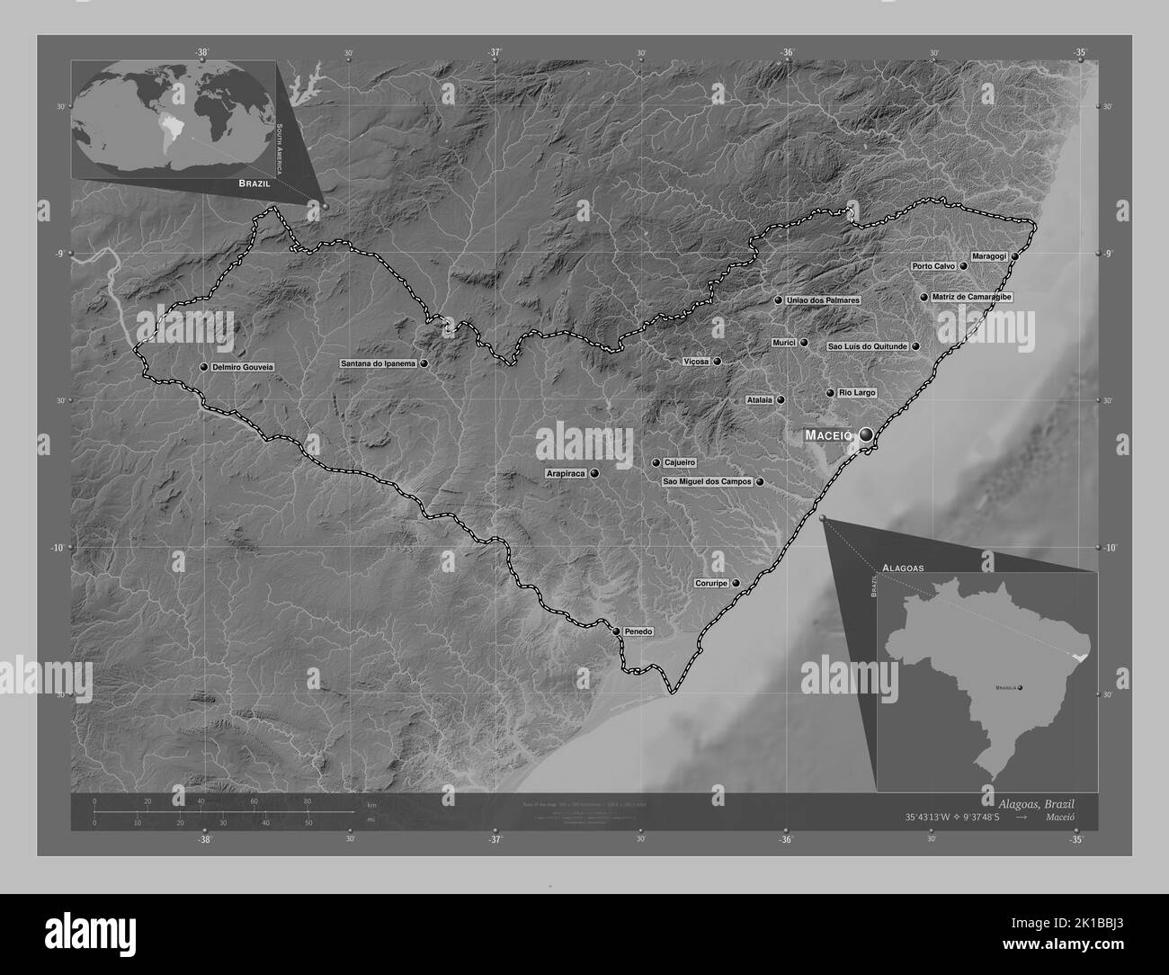 Alagoas, state of Brazil. Grayscale elevation map with lakes and rivers ...