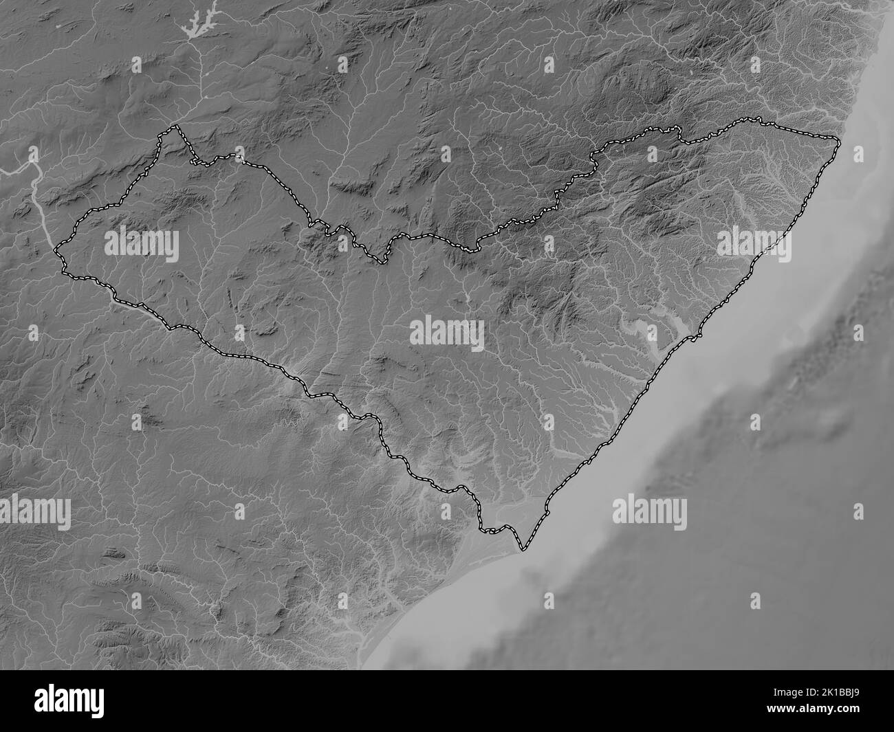 Alagoas, state of Brazil. Grayscale elevation map with lakes and rivers ...