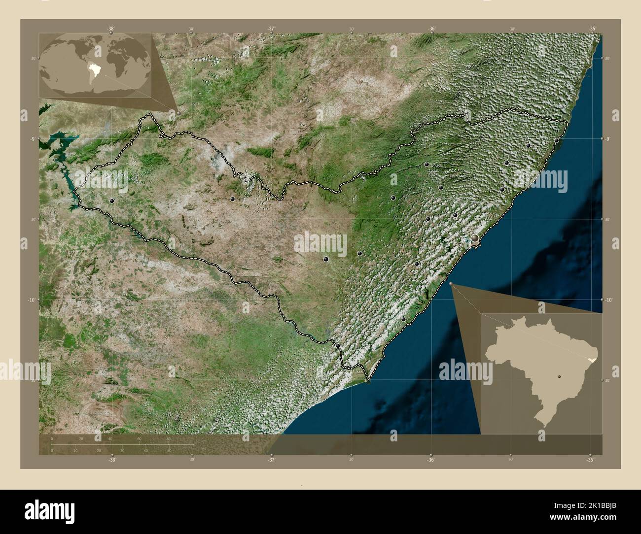 Alagoas, state of Brazil. High resolution satellite map. Locations of ...