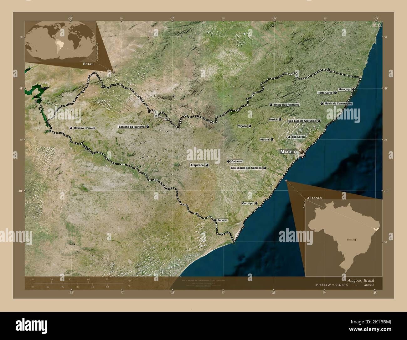 Alagoas, state of Brazil. Low resolution satellite map. Locations and ...