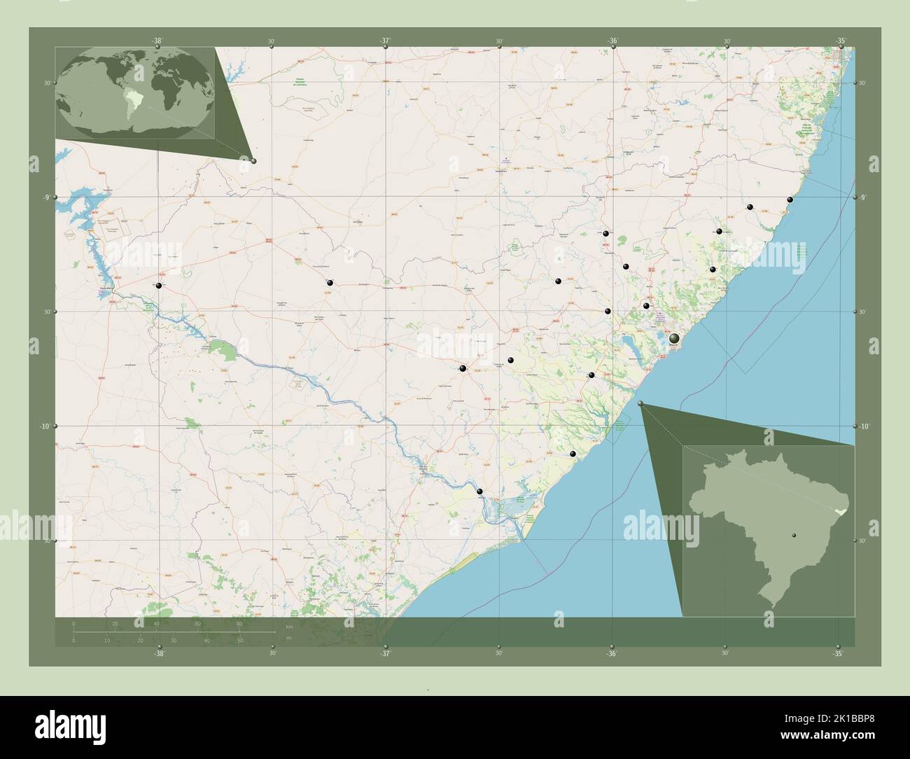 Alagoas, state of Brazil. Open Street Map. Locations of major cities of ...
