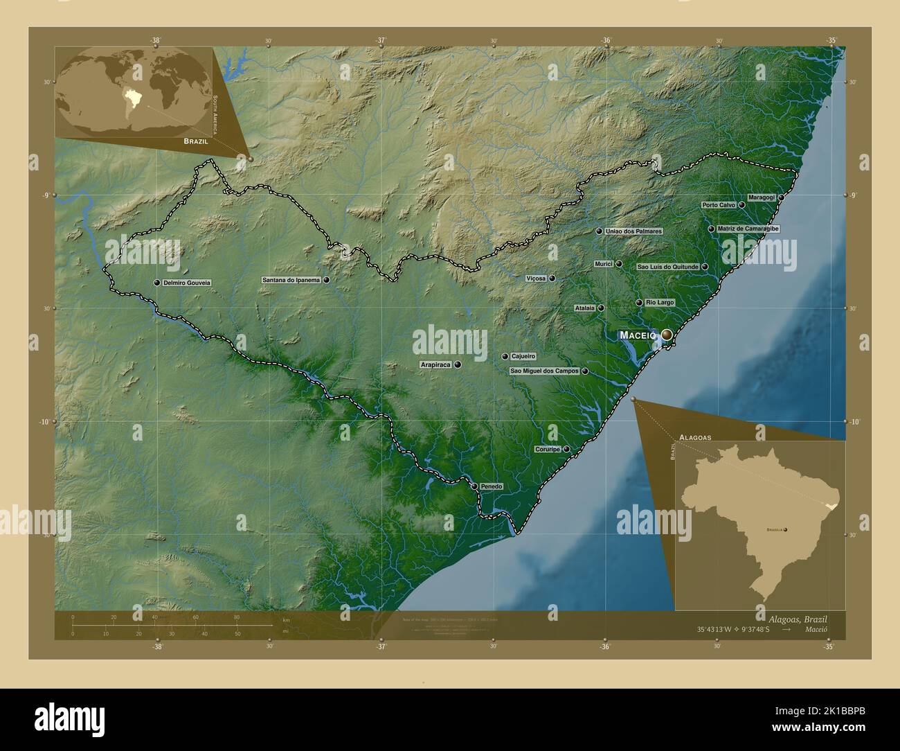 Alagoas, state of Brazil. Colored elevation map with lakes and rivers ...
