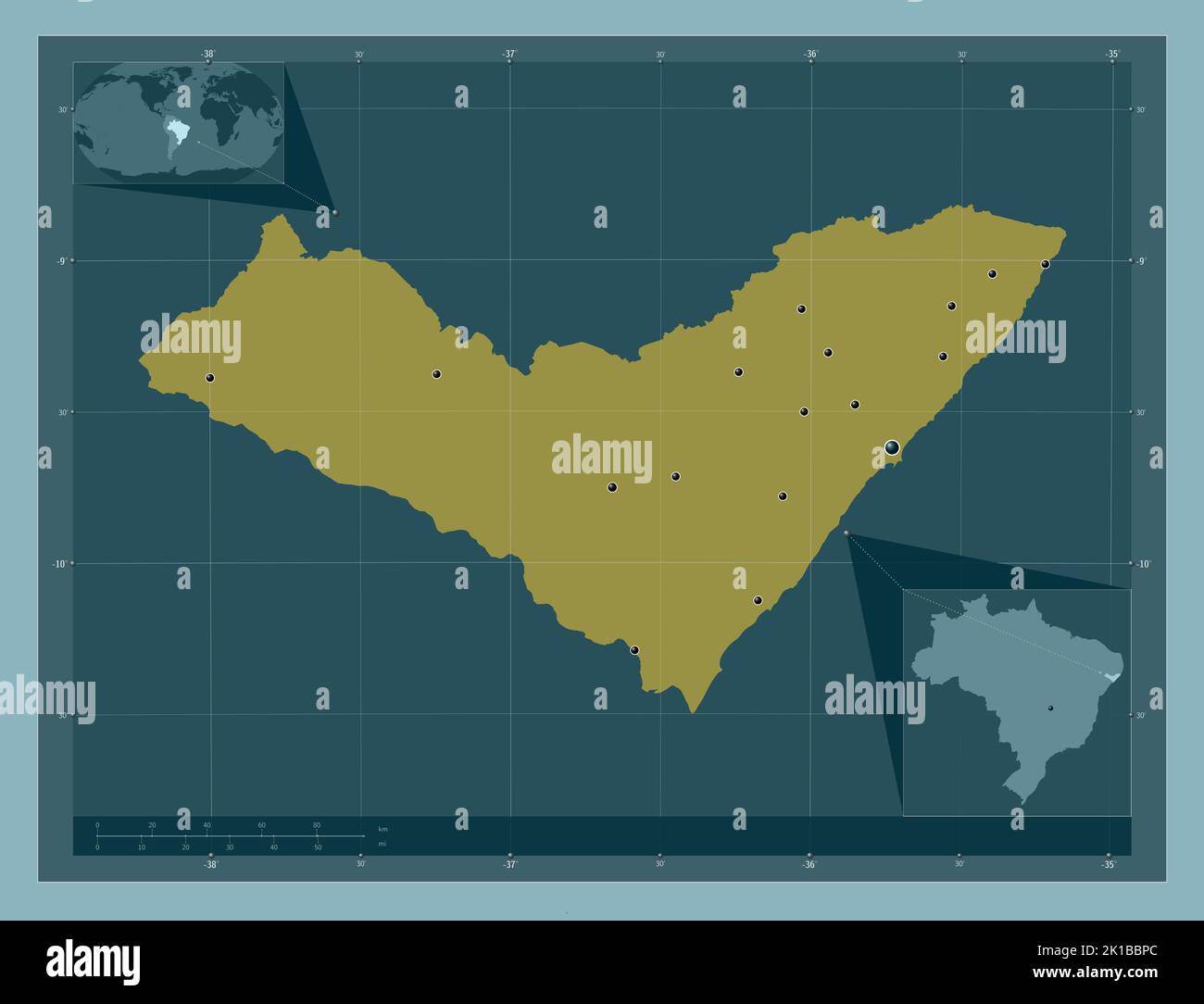 Alagoas, state of Brazil. Solid color shape. Locations of major cities ...