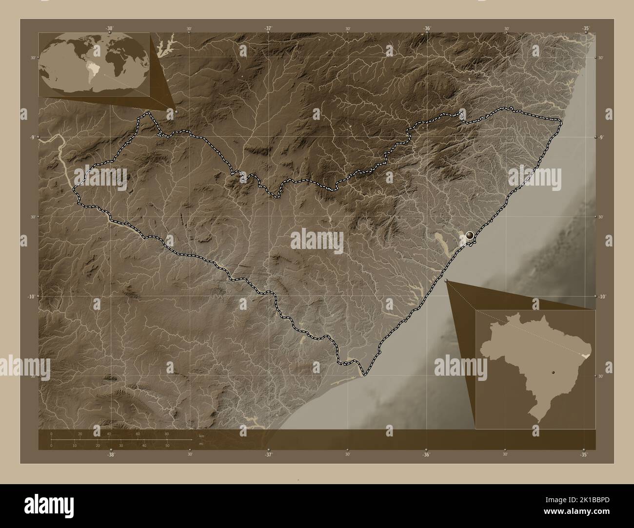 Alagoas, state of Brazil. Elevation map colored in sepia tones with ...