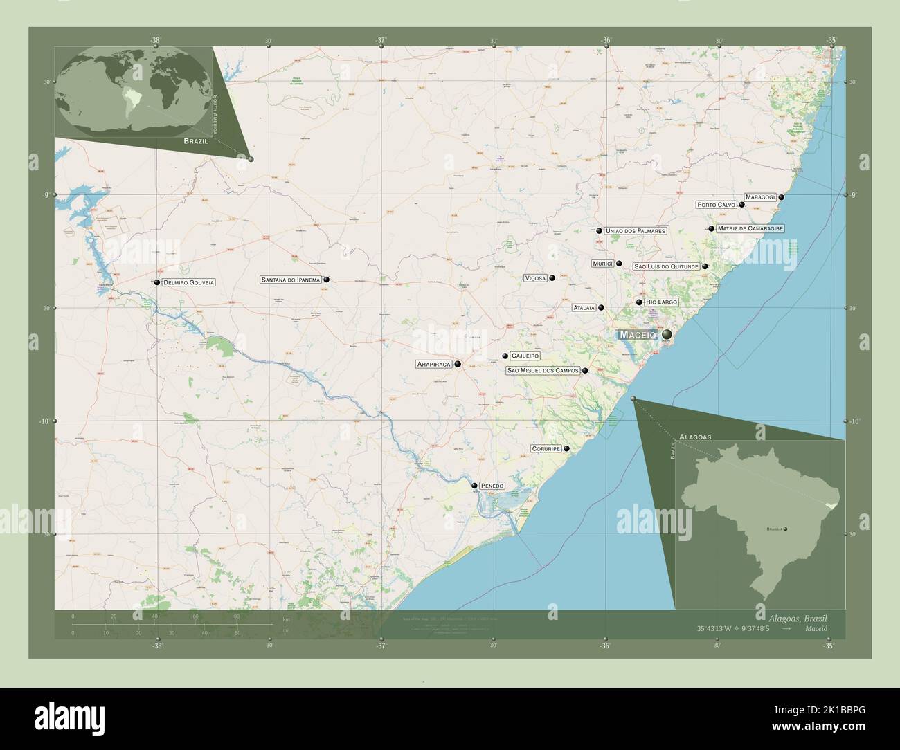 Alagoas, state of Brazil. Open Street Map. Locations and names of major ...