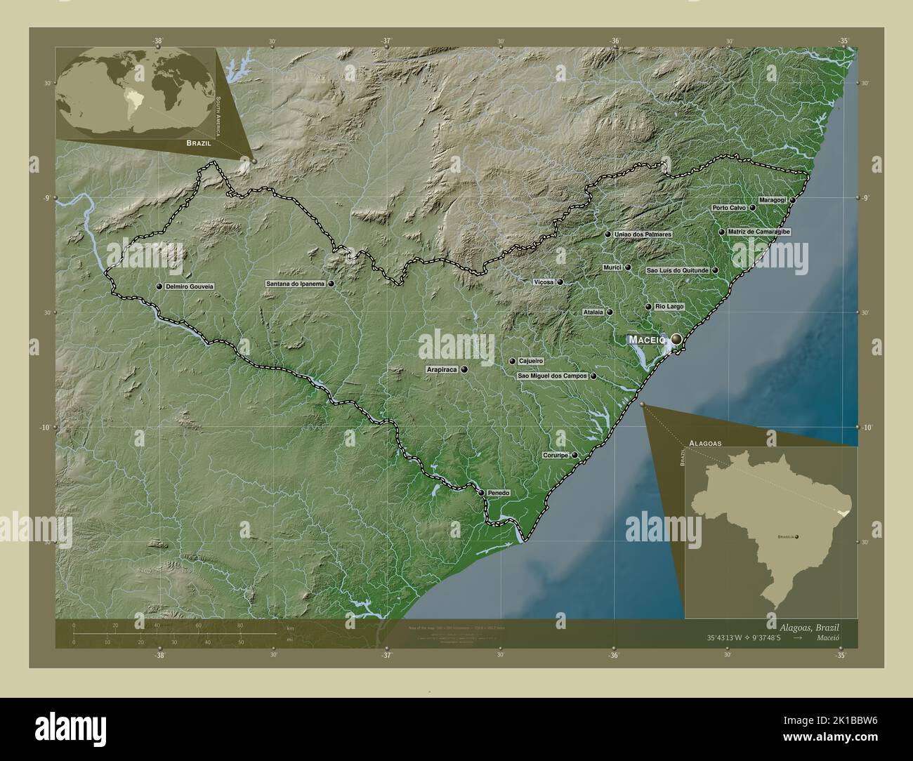 Alagoas, state of Brazil. Elevation map colored in wiki style with ...