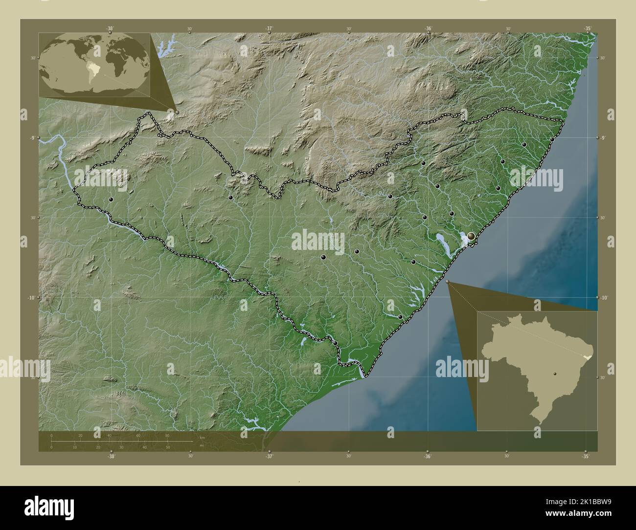 Alagoas, state of Brazil. Elevation map colored in wiki style with ...