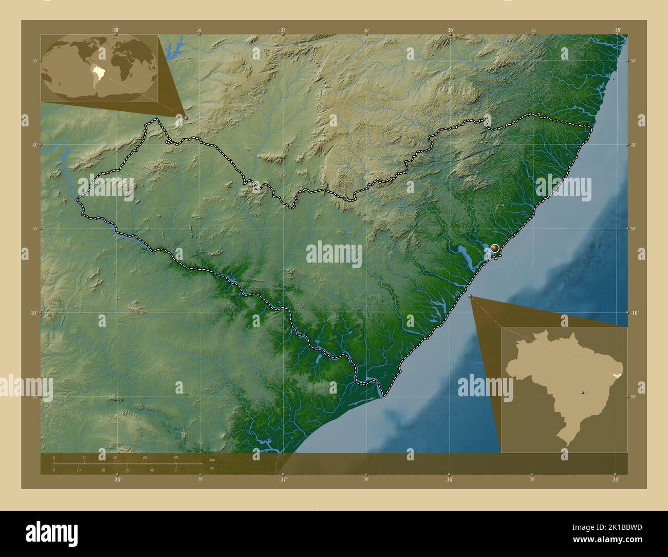 Alagoas, state of Brazil. Colored elevation map with lakes and rivers ...