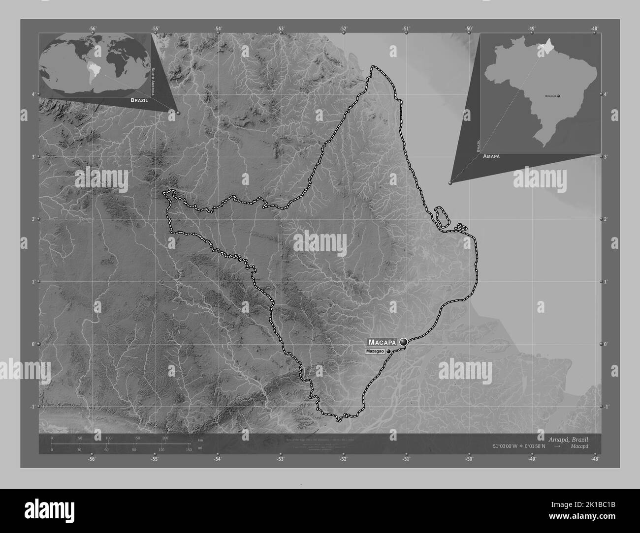Amapa, state of Brazil. Grayscale elevation map with lakes and rivers. Locations and names of ...