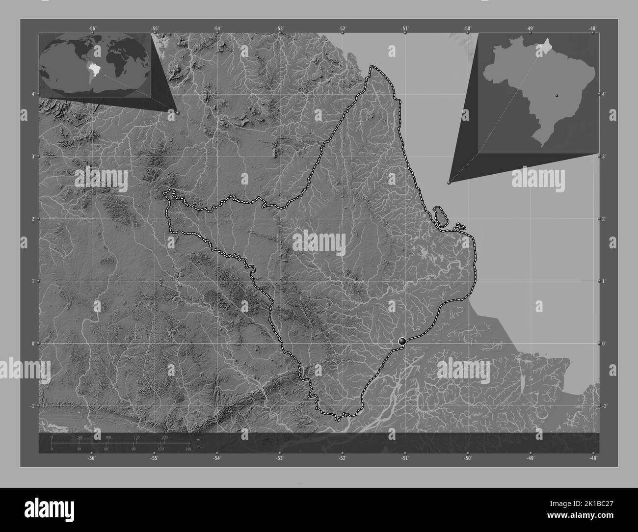 Amapa, state of Brazil. Bilevel elevation map with lakes and rivers. Corner auxiliary location ...