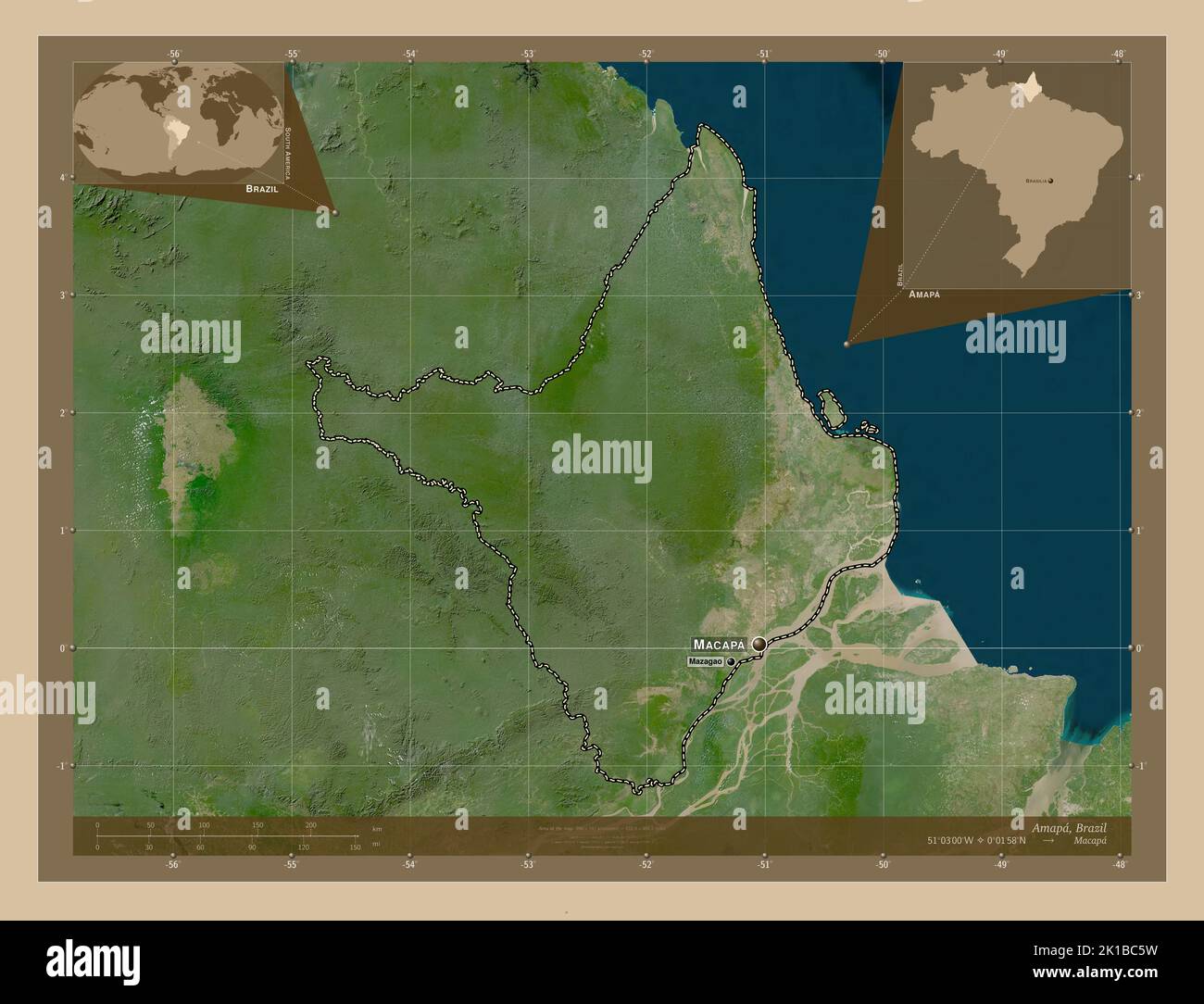 Amapa, state of Brazil. Low resolution satellite map. Locations and ...