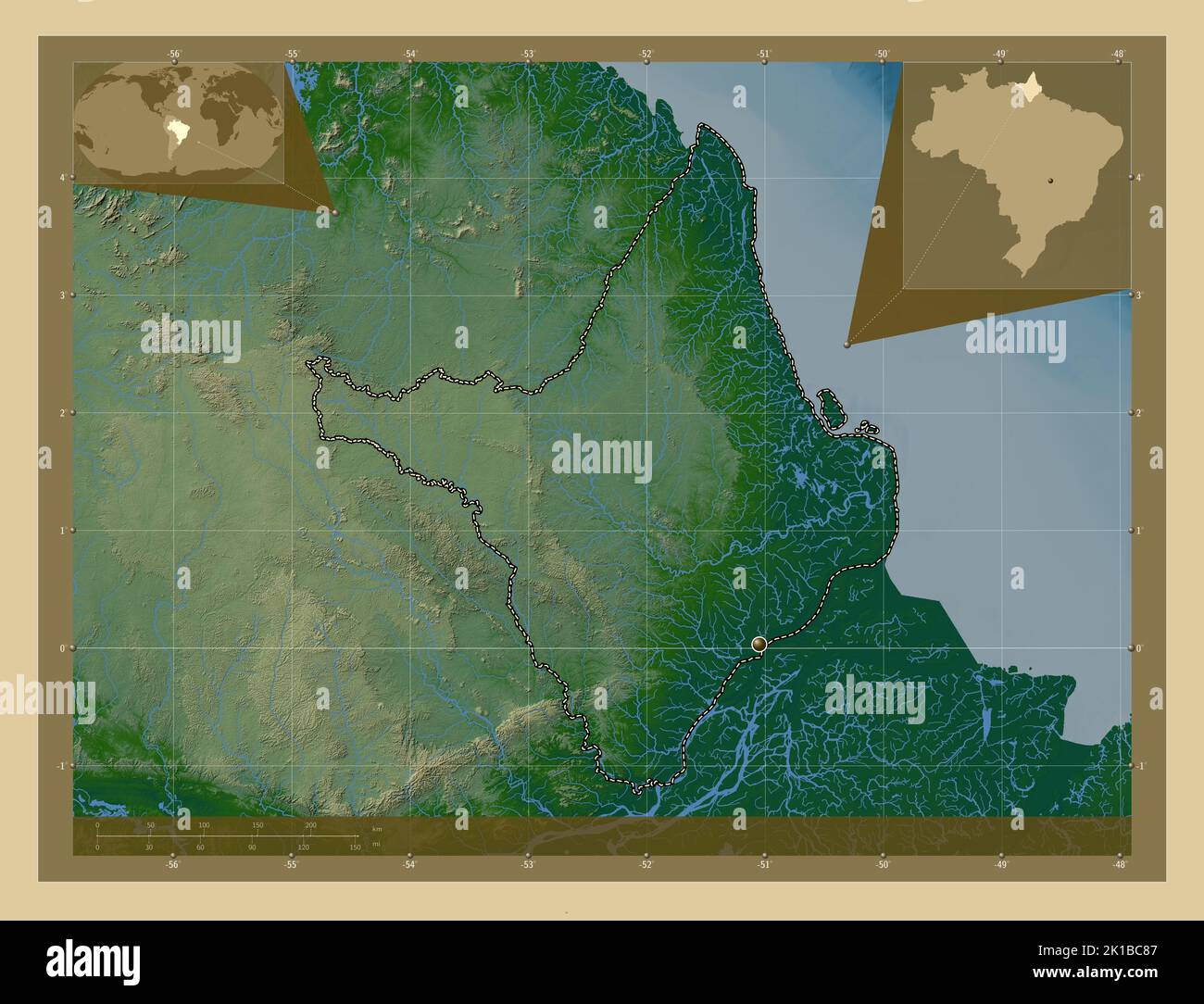 Amapa, state of Brazil. Colored elevation map with lakes and rivers ...