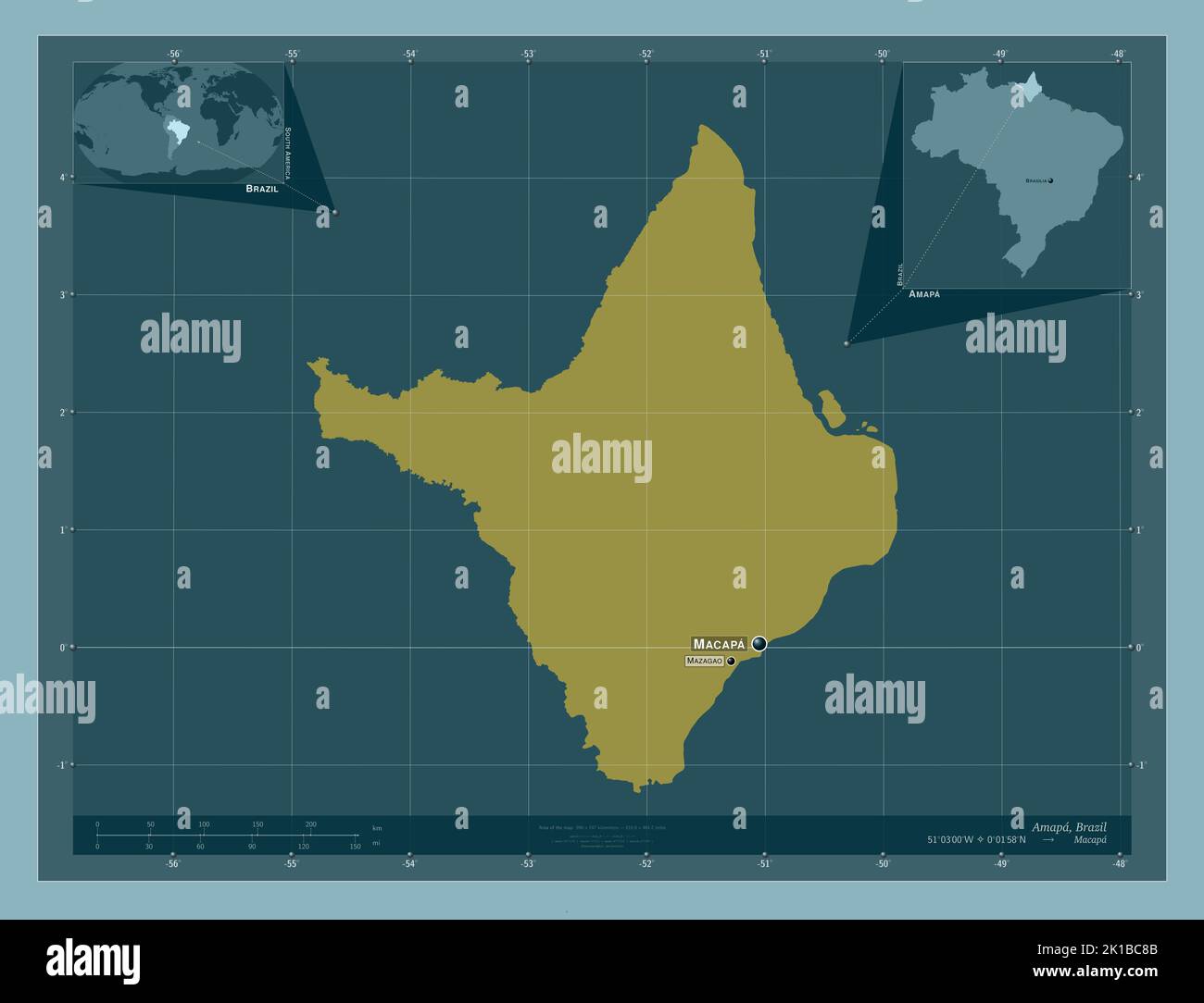 Amapa, state of Brazil. Solid color shape. Locations and names of major ...