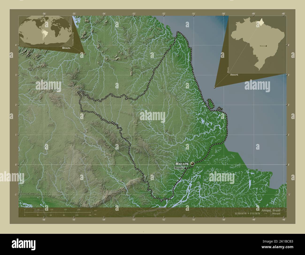 Amapa, state of Brazil. Elevation map colored in wiki style with lakes ...