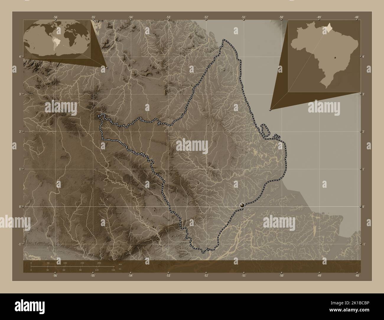Amapa, state of Brazil. Elevation map colored in sepia tones with lakes ...