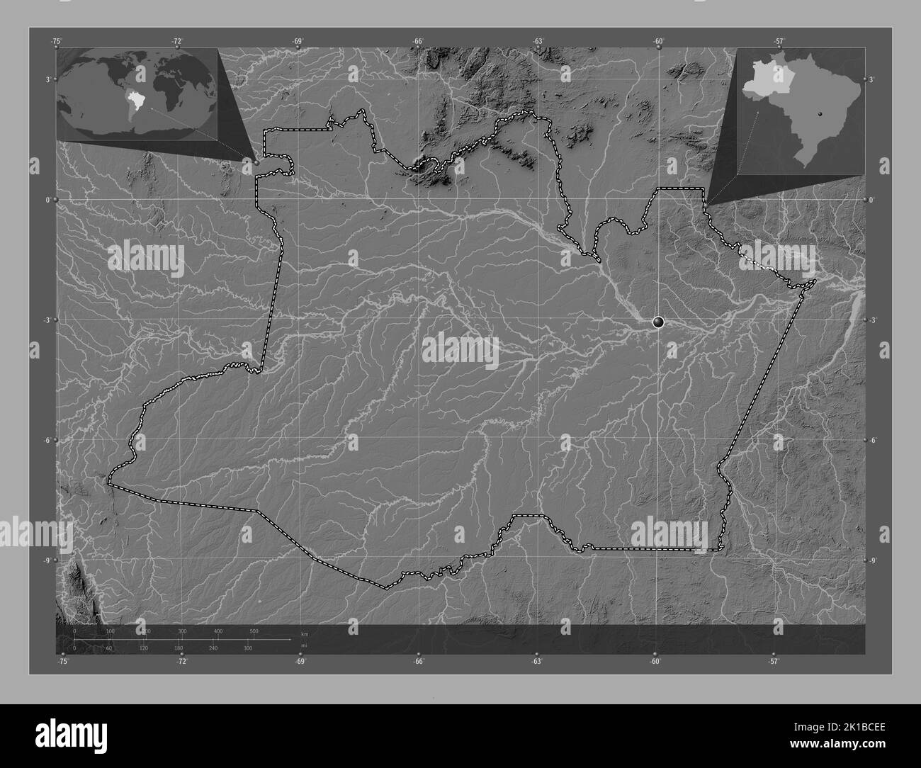 Amazonas, state of Brazil. Bilevel elevation map with lakes and rivers. Corner auxiliary ...