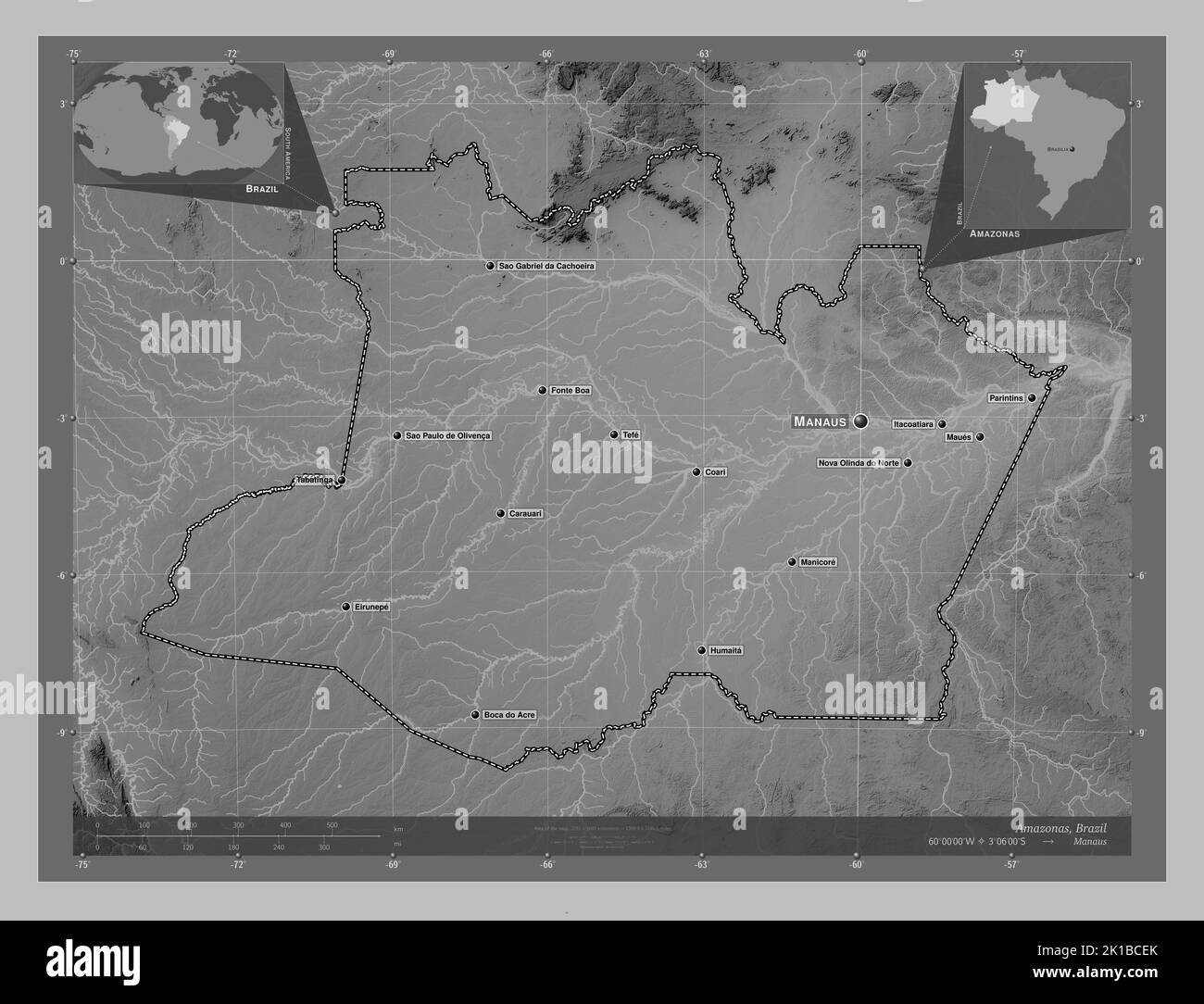 Amazonas, state of Brazil. Grayscale elevation map with lakes and ...