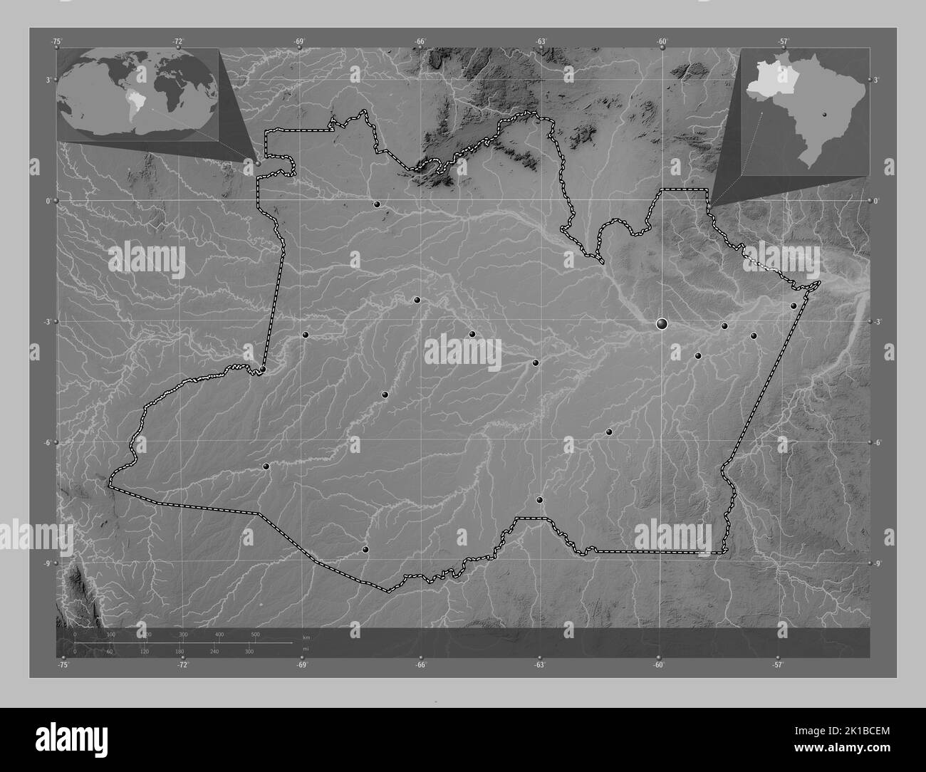 Amazonas, state of Brazil. Grayscale elevation map with lakes and rivers. Locations of major ...