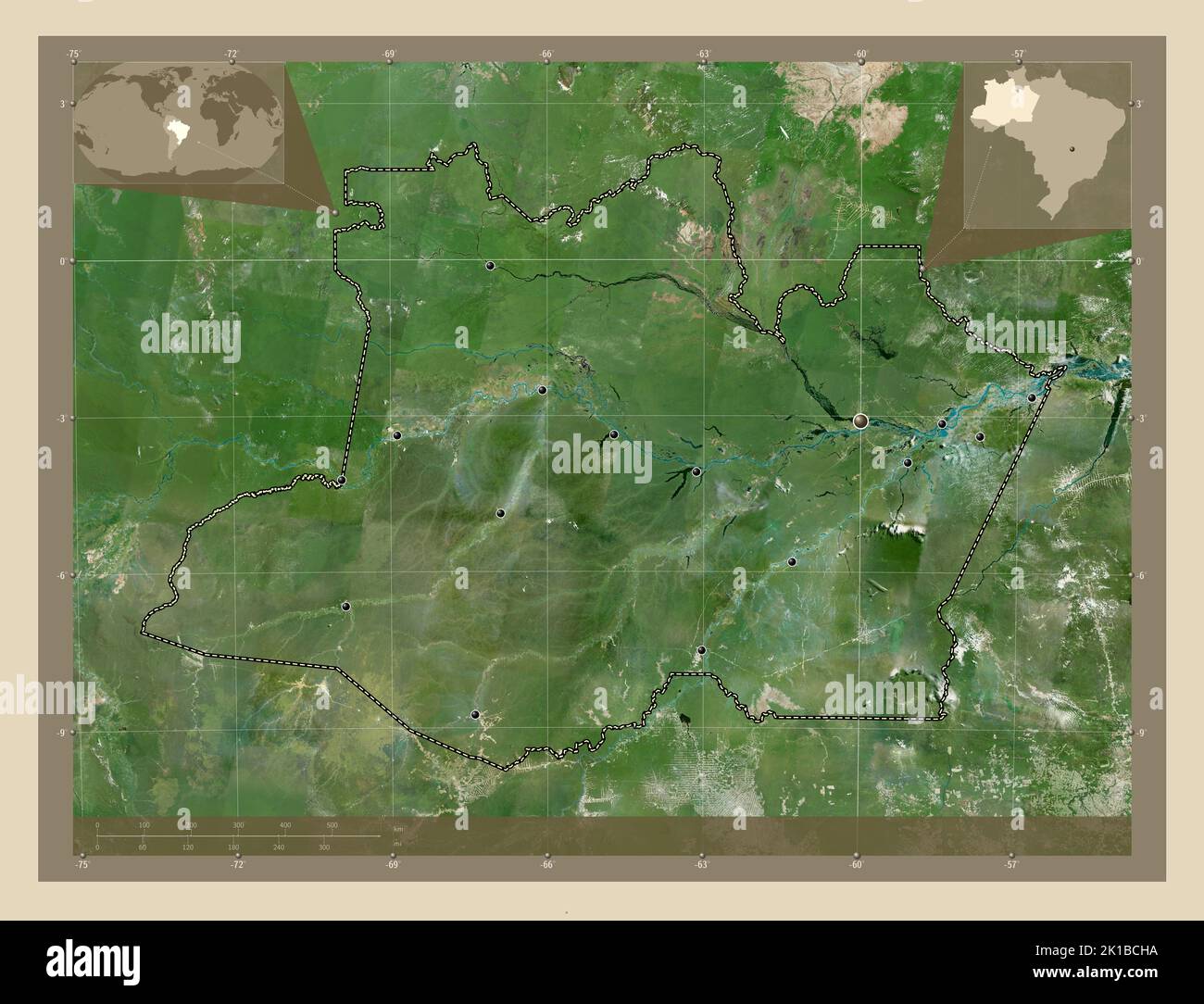 Amazonas, state of Brazil. High resolution satellite map. Locations of ...